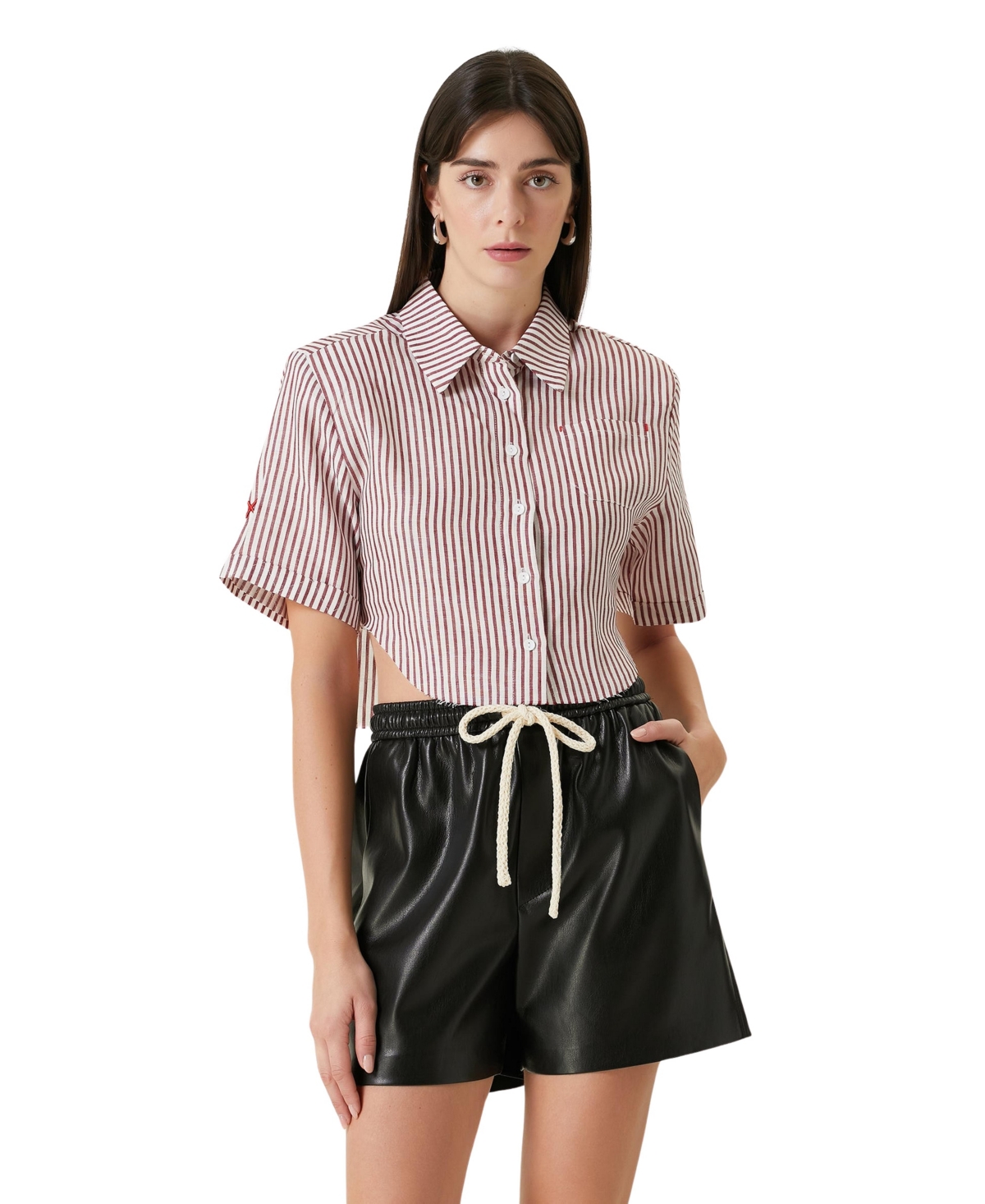 Click here for Pcfg Womens Red Striped Linen Crop Shirt - Red prices