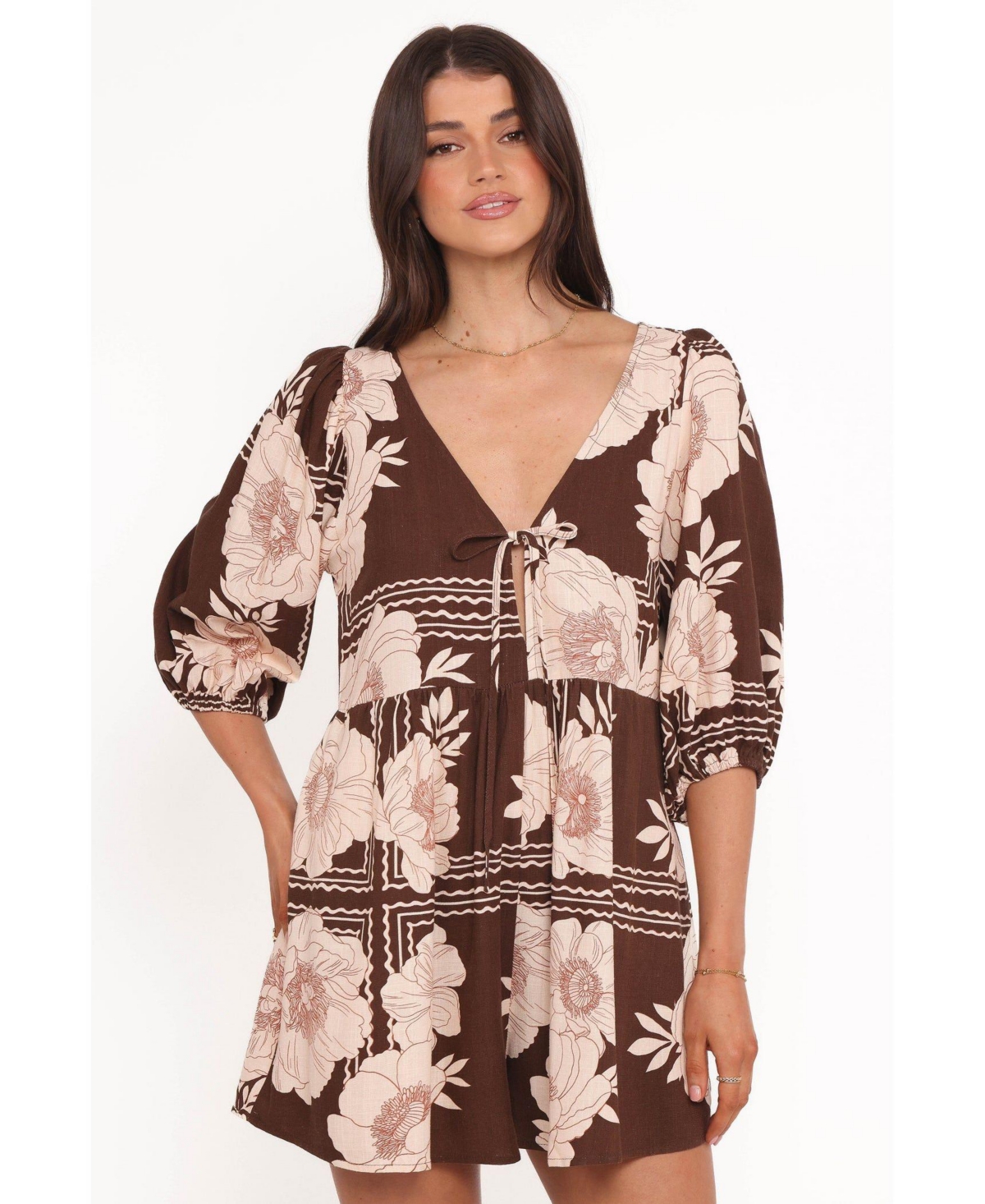 Click here for Petal and Pup Womens Henley Romper - Brown floral prices