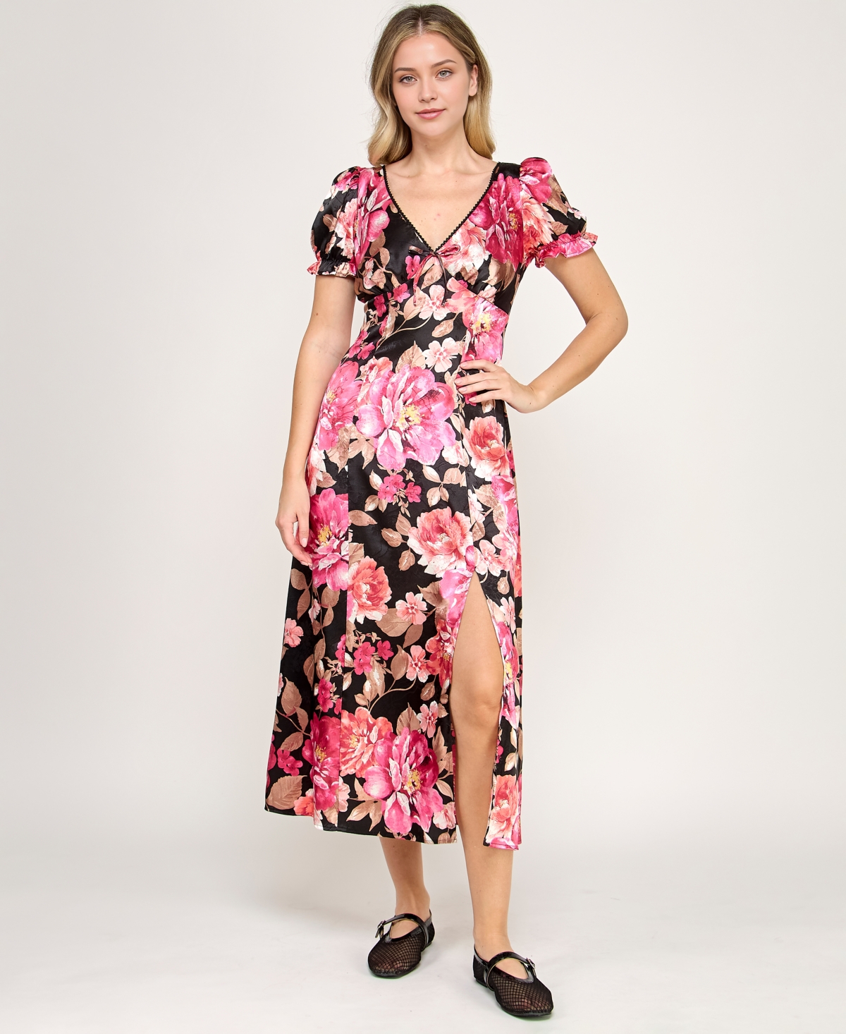 Click here for Crystal Doll Womens Printed V-Neck Satin Midi Dres... prices