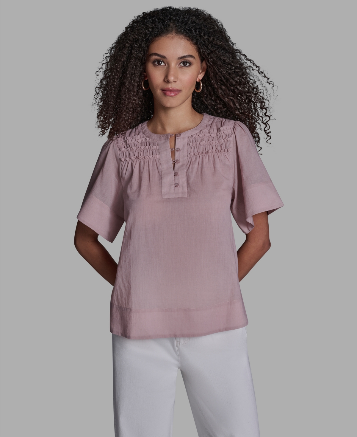 Click here for Bcbg Womens Short-Sleeve Smocked Top - Soft Dusk prices
