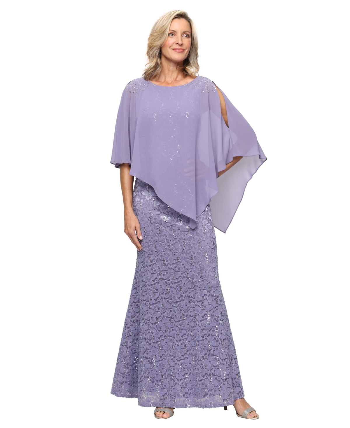 Click here for Sl Fashions Petite Round-Neck Sequin Lace Cape Dre... prices