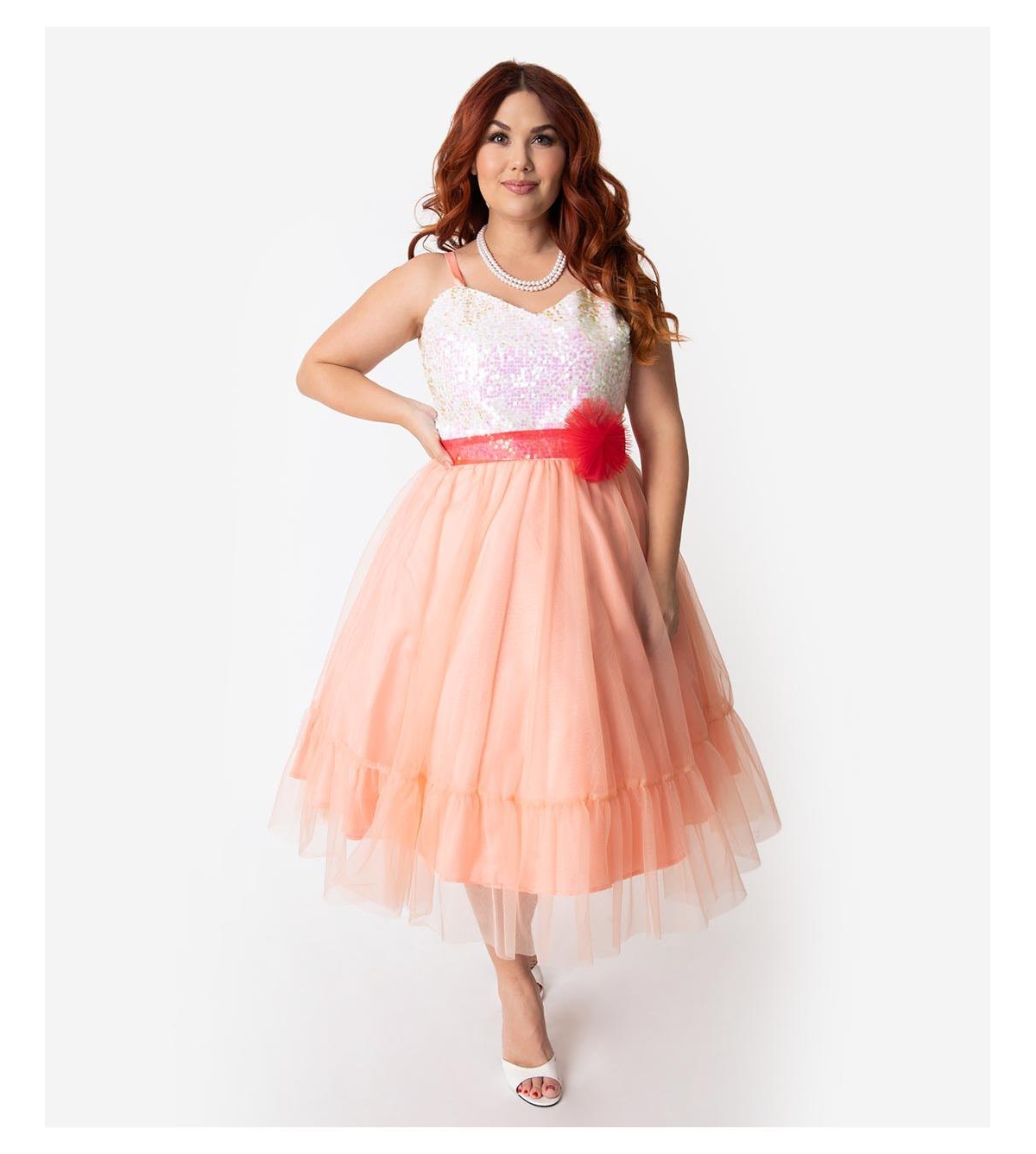 Click here for Unique Vintage Plus Size Chiffon Swing Dress - Pea... prices