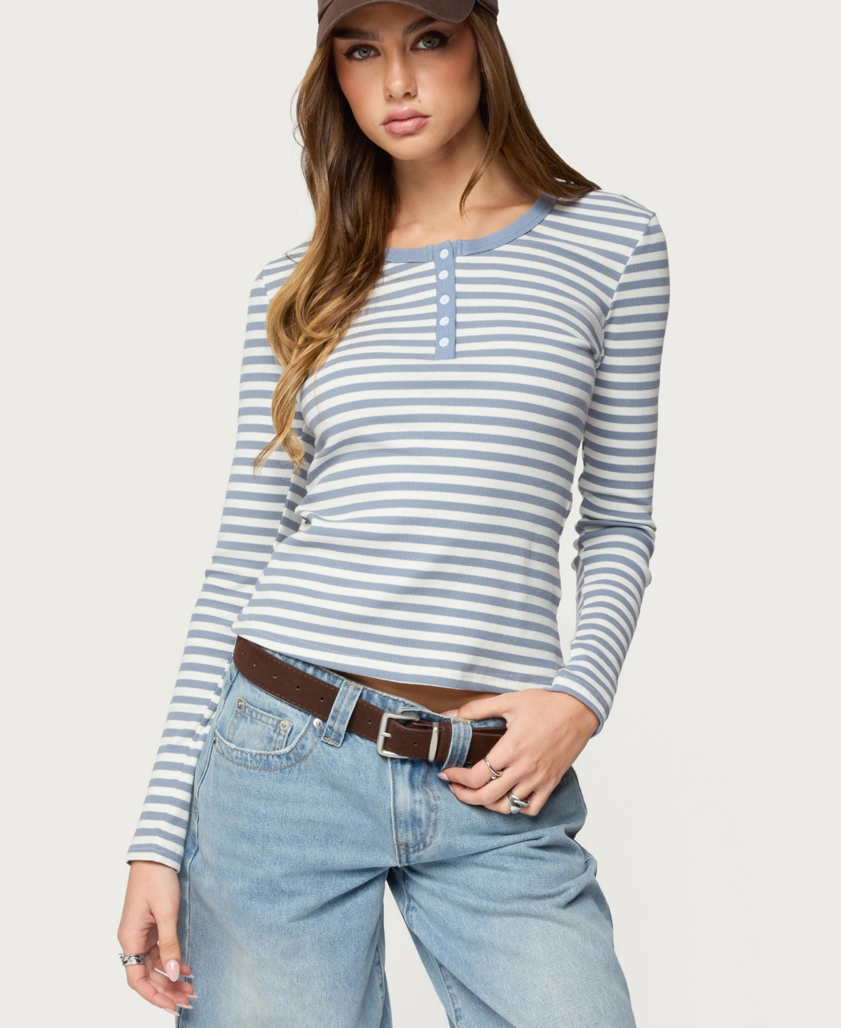 Click here for Edikted Womens Roma Striped Henley Top - Blue prices
