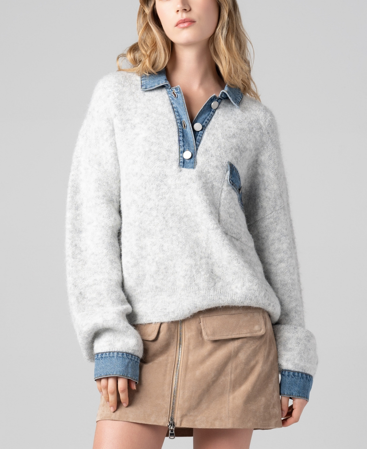 Click here for Blank Nyc Womens Denim Collar Button Front Sweater... prices