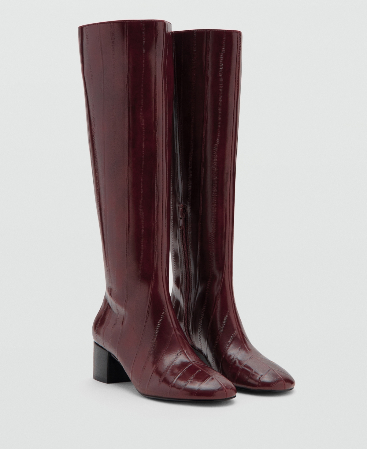 Click here for Mango Womens Textured Heeled Boots - Burgundy prices