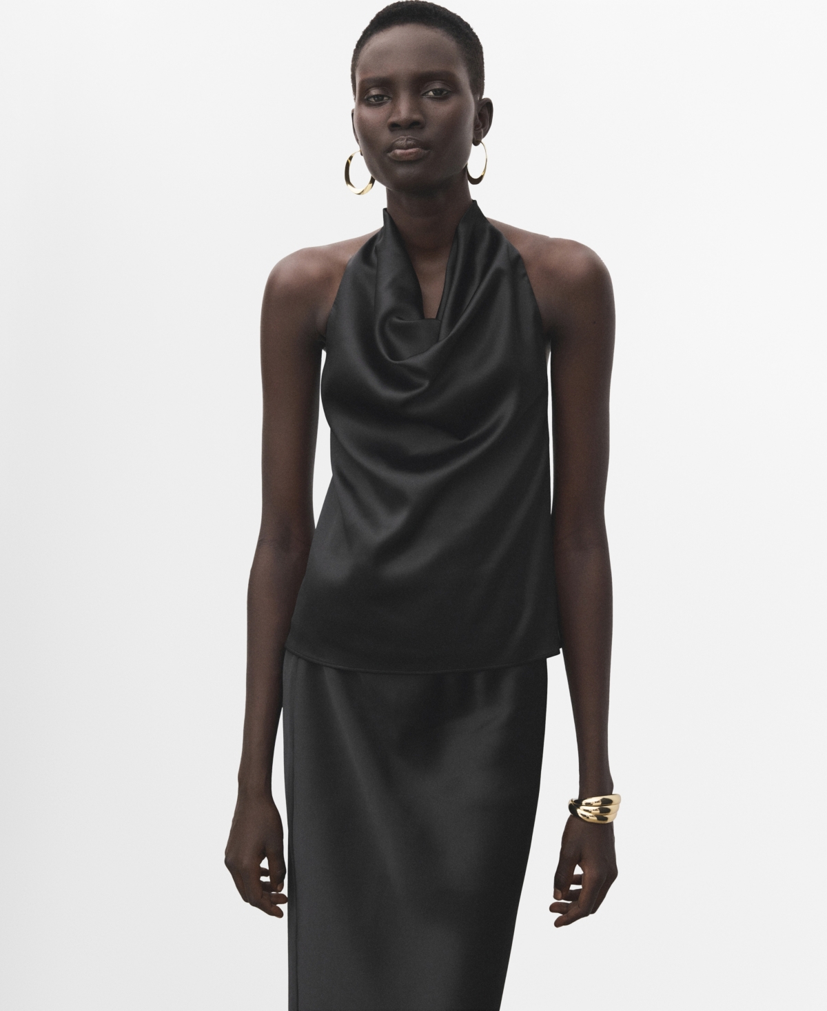 Click here for Mango Womens Draped Neck Satin Top - Black prices