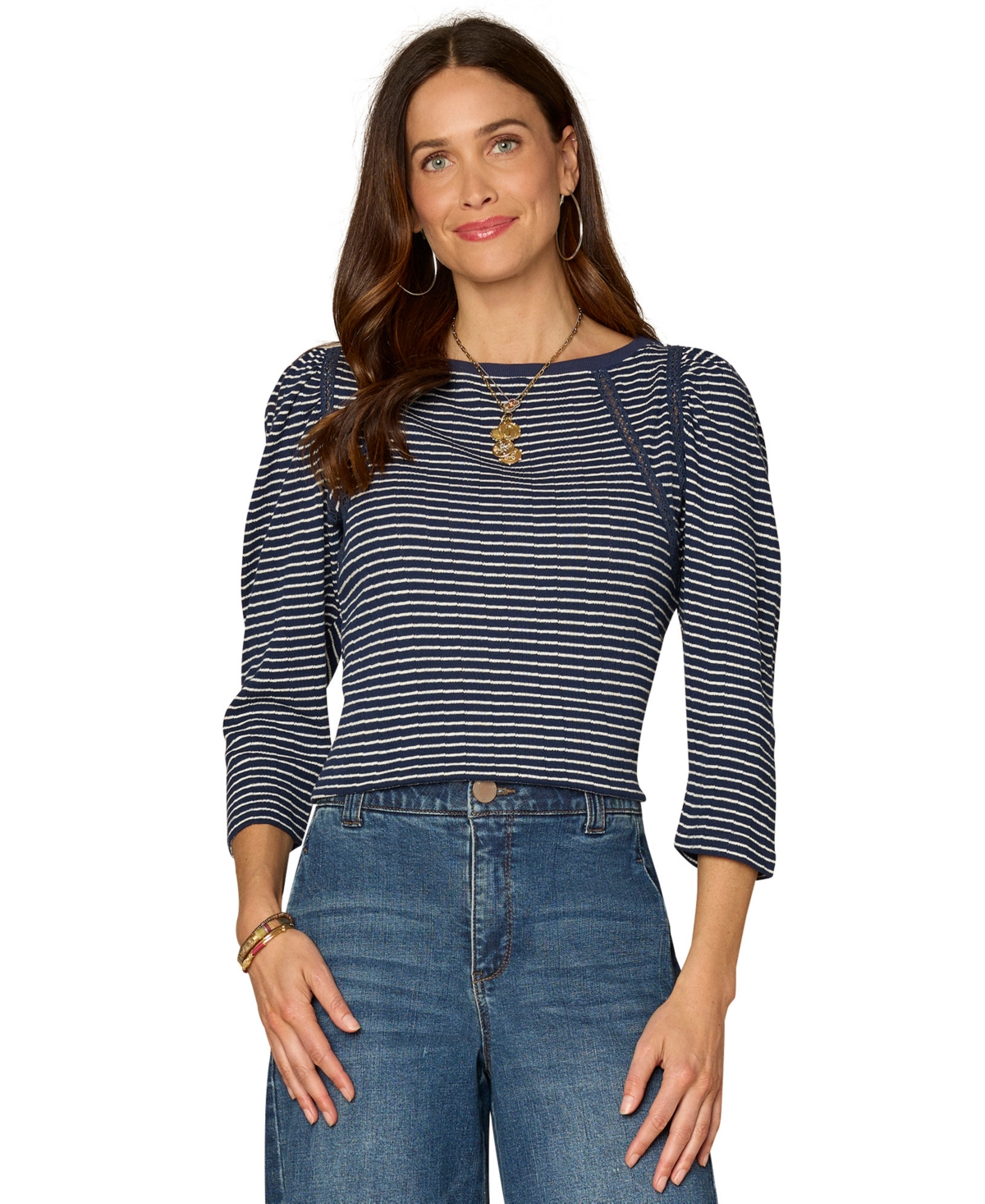 Click here for Democracy Petite Striped Boat Neck Knit Top - Navy... prices