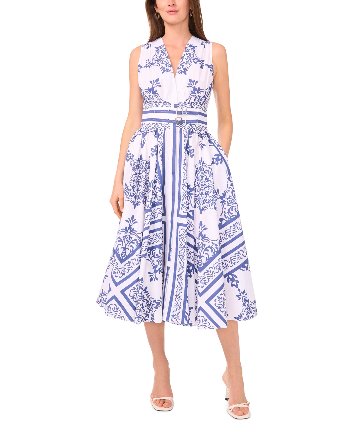 Click here for CeCe Womens Sleeveless V-Neck Buckle Trim Midi Dre... prices