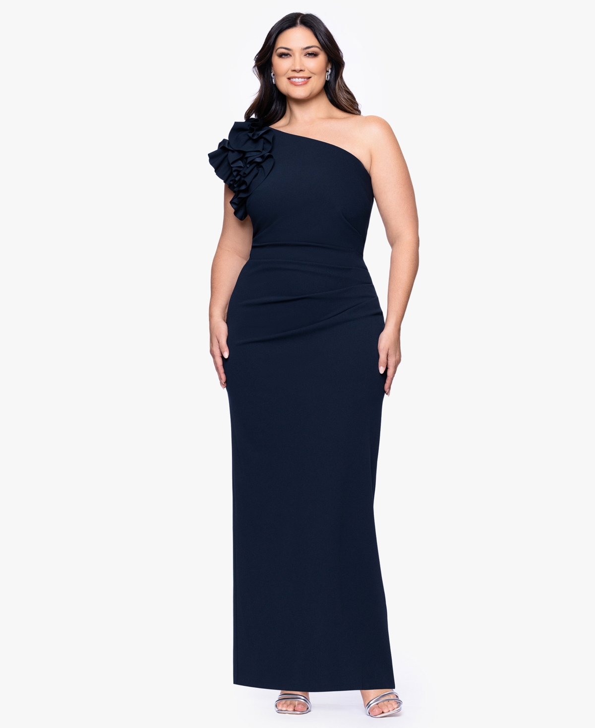 Click here for Xscape Plus Size One-Shoulder Ruffle Ball Gown - N... prices