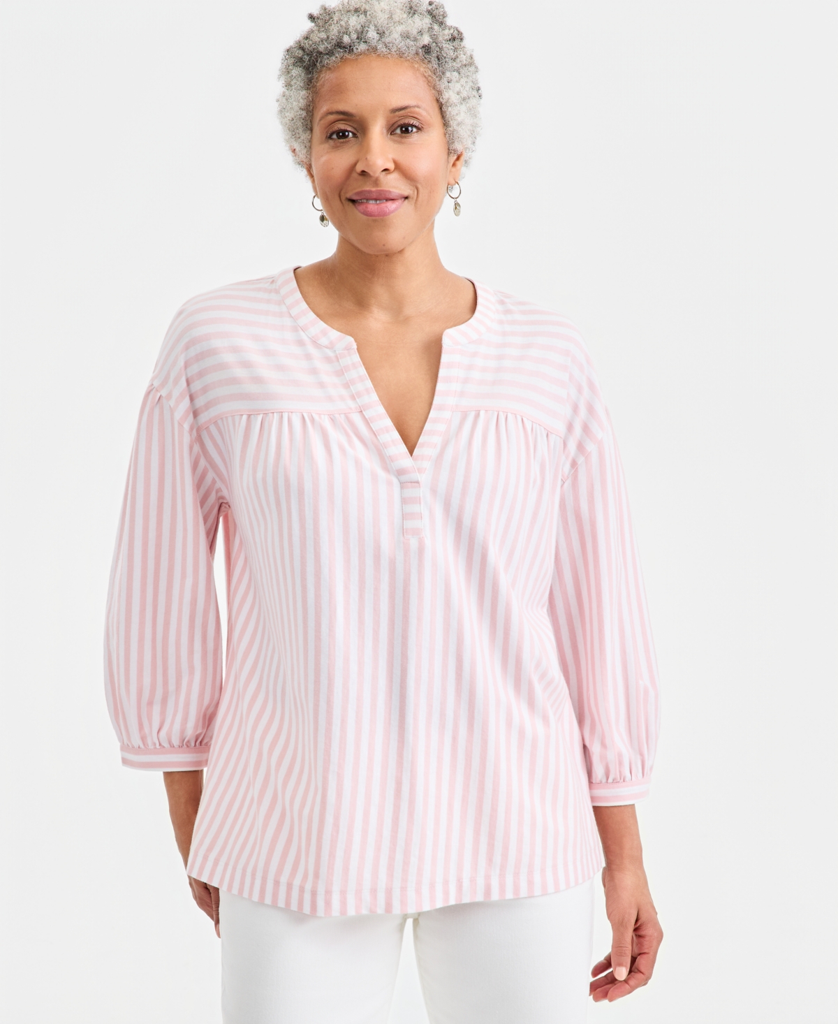 Click here for Style & Co Womens Printed 3/4 Sleeve Split-Neck To... prices