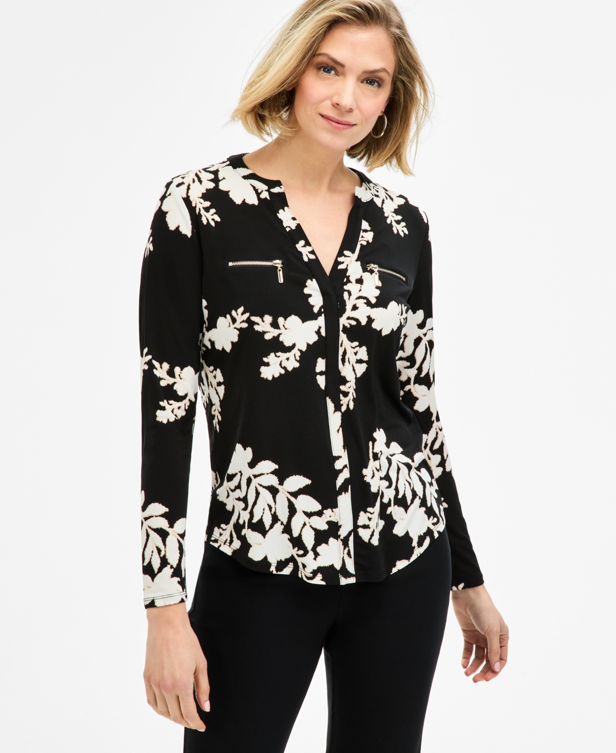 Click here for Jm Collection Womens Printed Zip Pocket Top  Macys... prices
