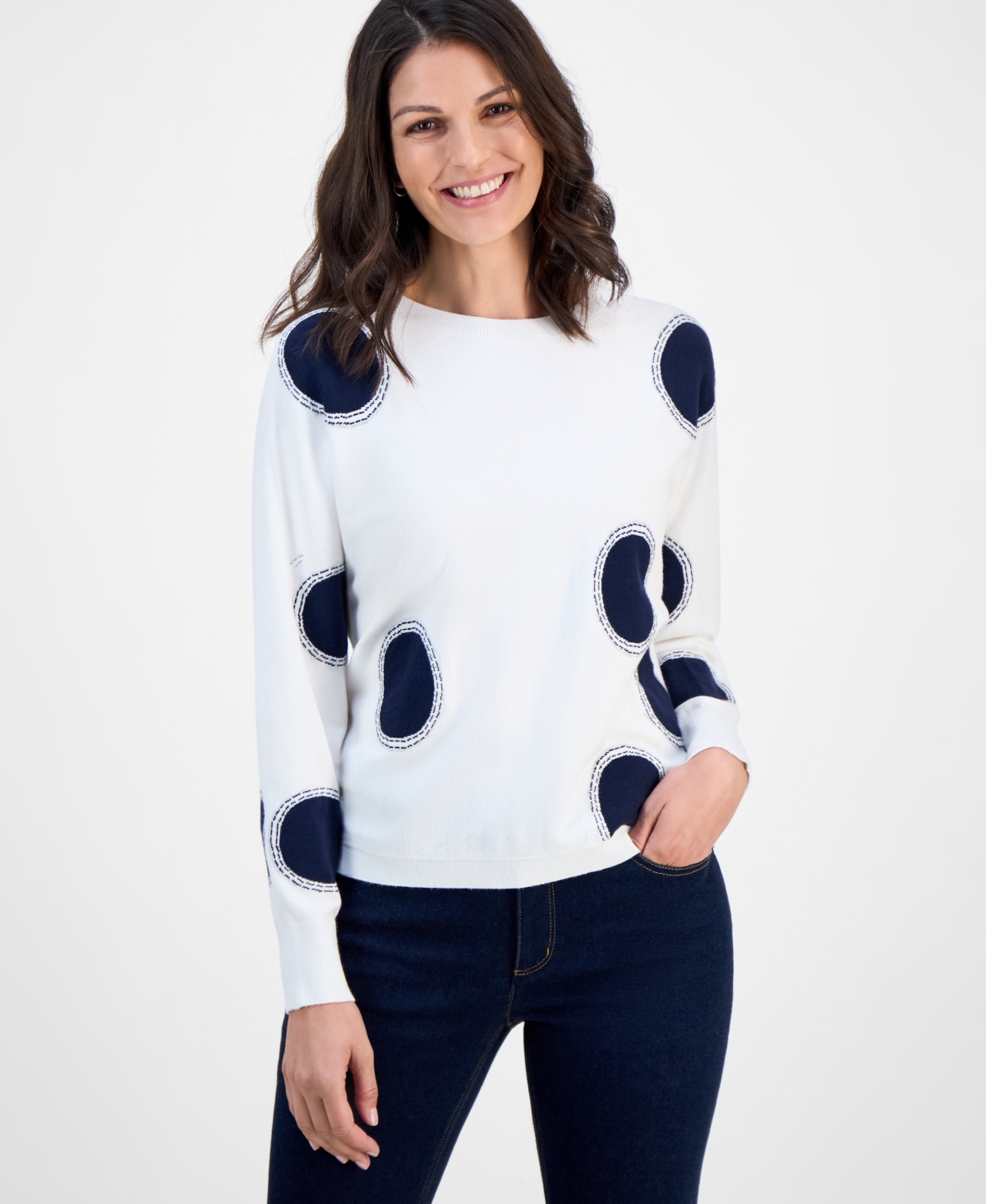 Click here for T Tahari Womens Intarsia Polka-Dot Dolman-Sleeve S... prices