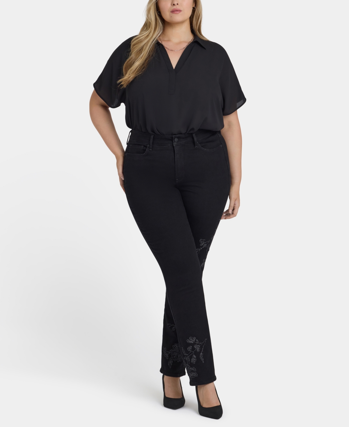 Nydj Plus Size Marilyn Straight Embroidery Jeans - Black Rinse