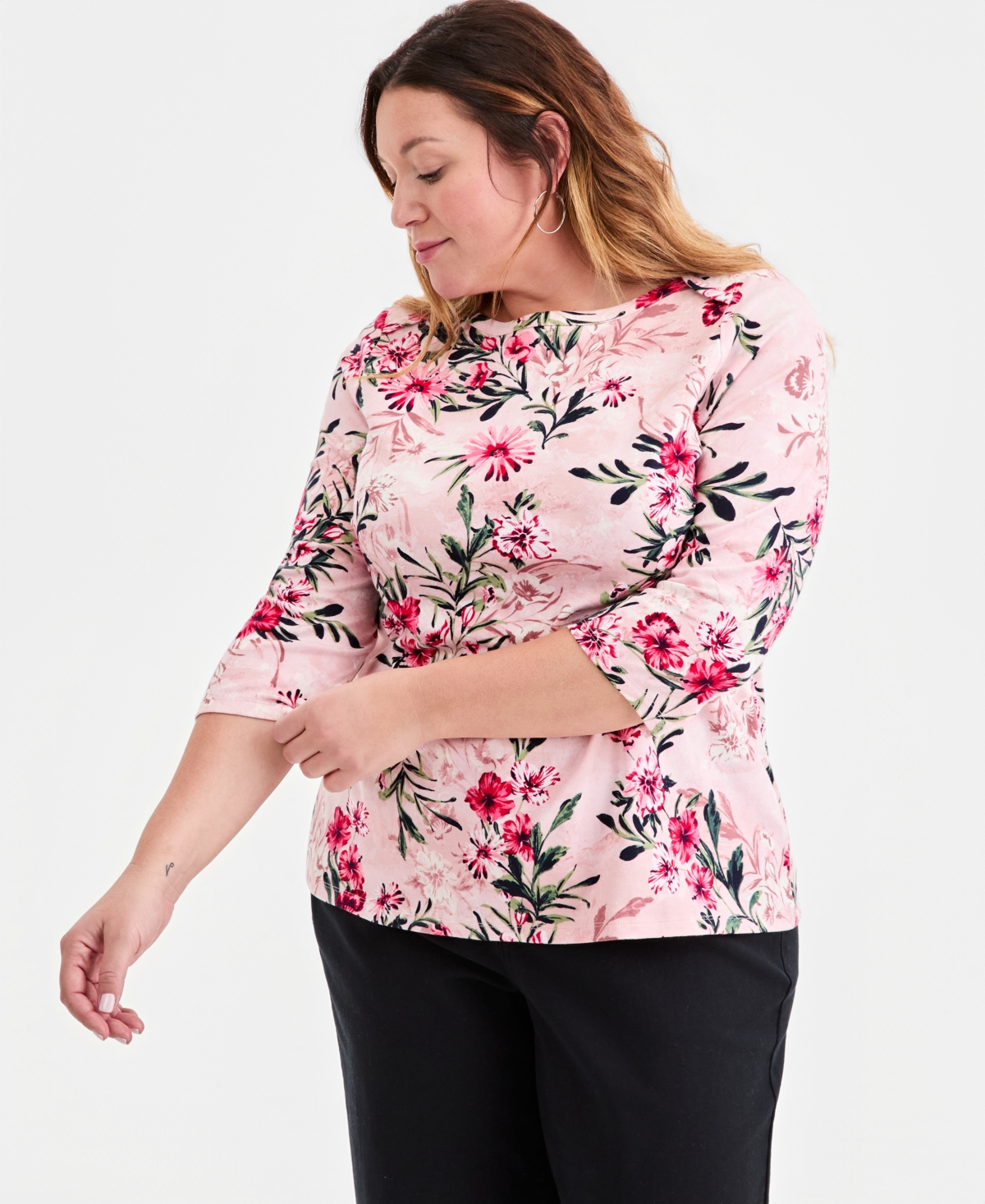 Click here for Style & Co Plus Size Pima Cotton 3/4-Sleeve Top  E... prices