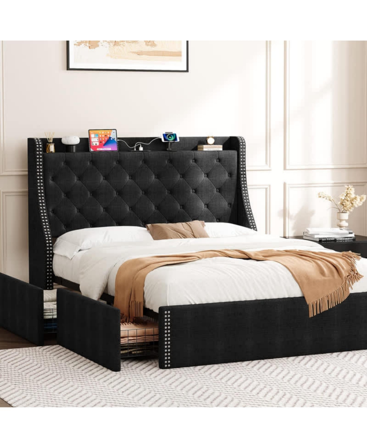 Click here for gaomon Queen Bed Frame Black Upholstered 4 Storage... prices