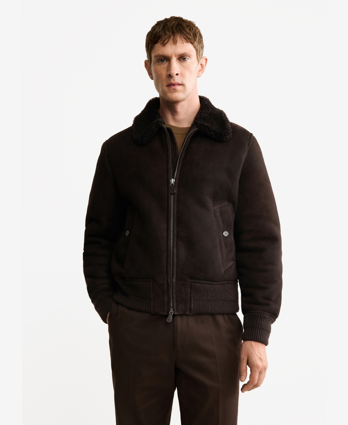 Click here for Mango Mens Suede Shearling Bomber Jacket - Brown prices