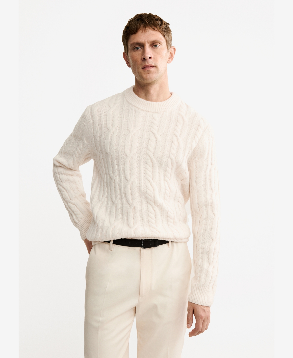 Click here for Mango Mens Wool Braided Sweater - Ivory White prices