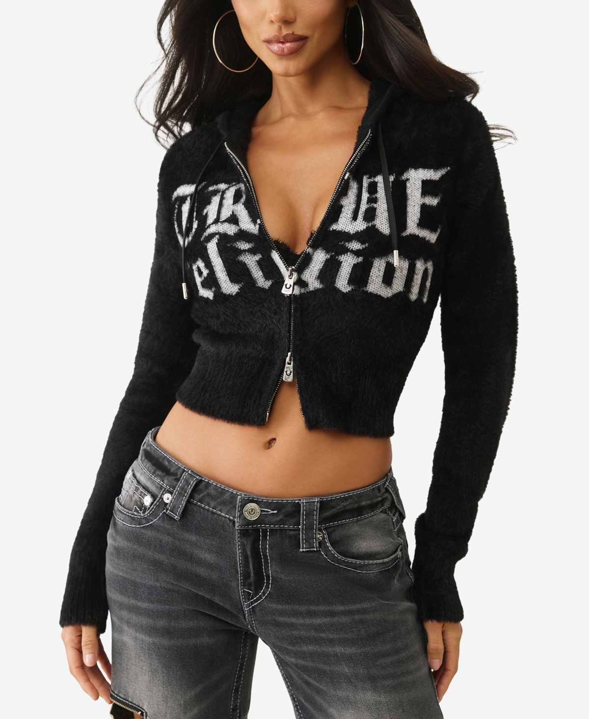 Click here for True Religion Womens 2-Way Zip-Front Hoodie - Jet... prices