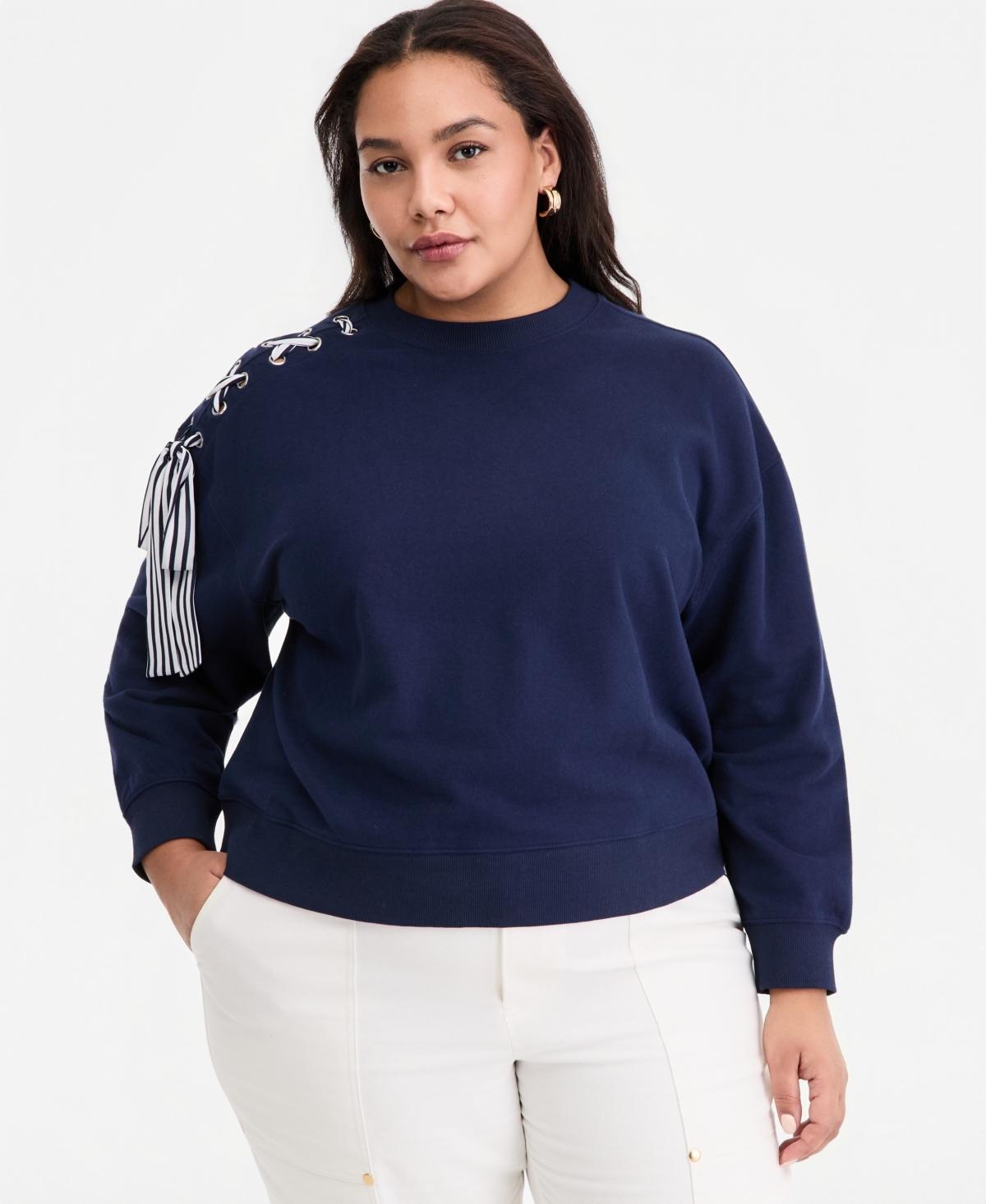 Click here for On 34th Trendy Plus Size Ribbon-Trim Crewneck Swea... prices