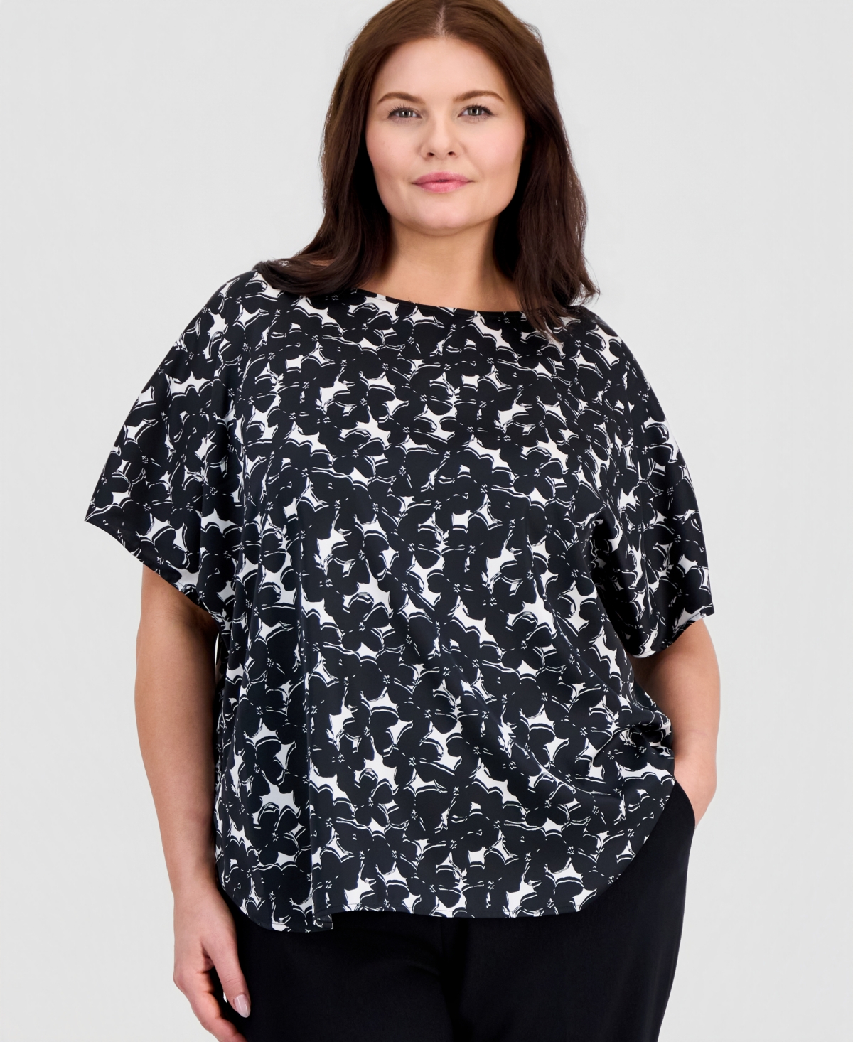 Anne Klein Plus Size Boat-Neck Short-Sleeve Top - Anne Black