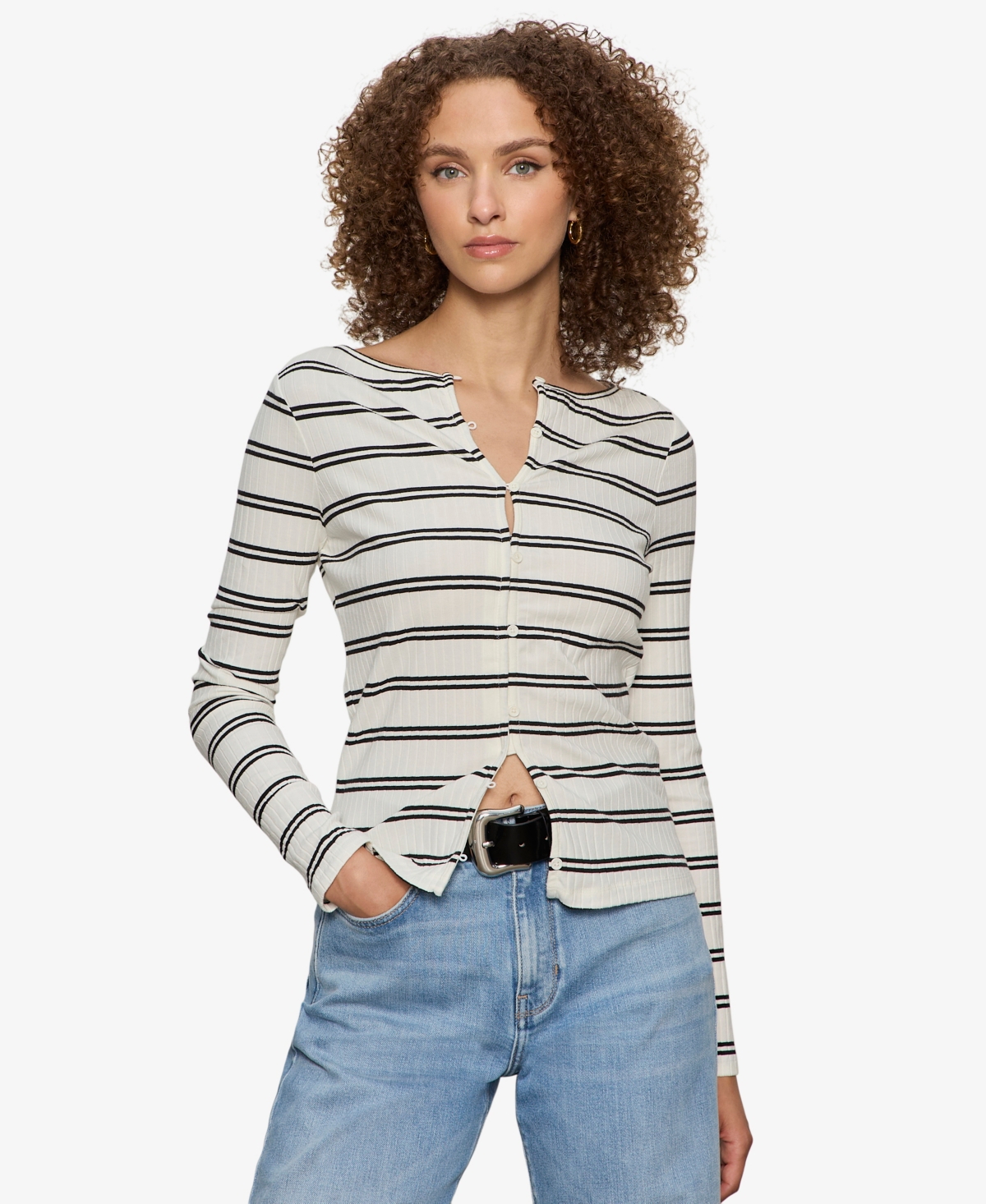 Click here for Sanctuary Womens Button-Front Ribbed Top - Chalk/B... prices