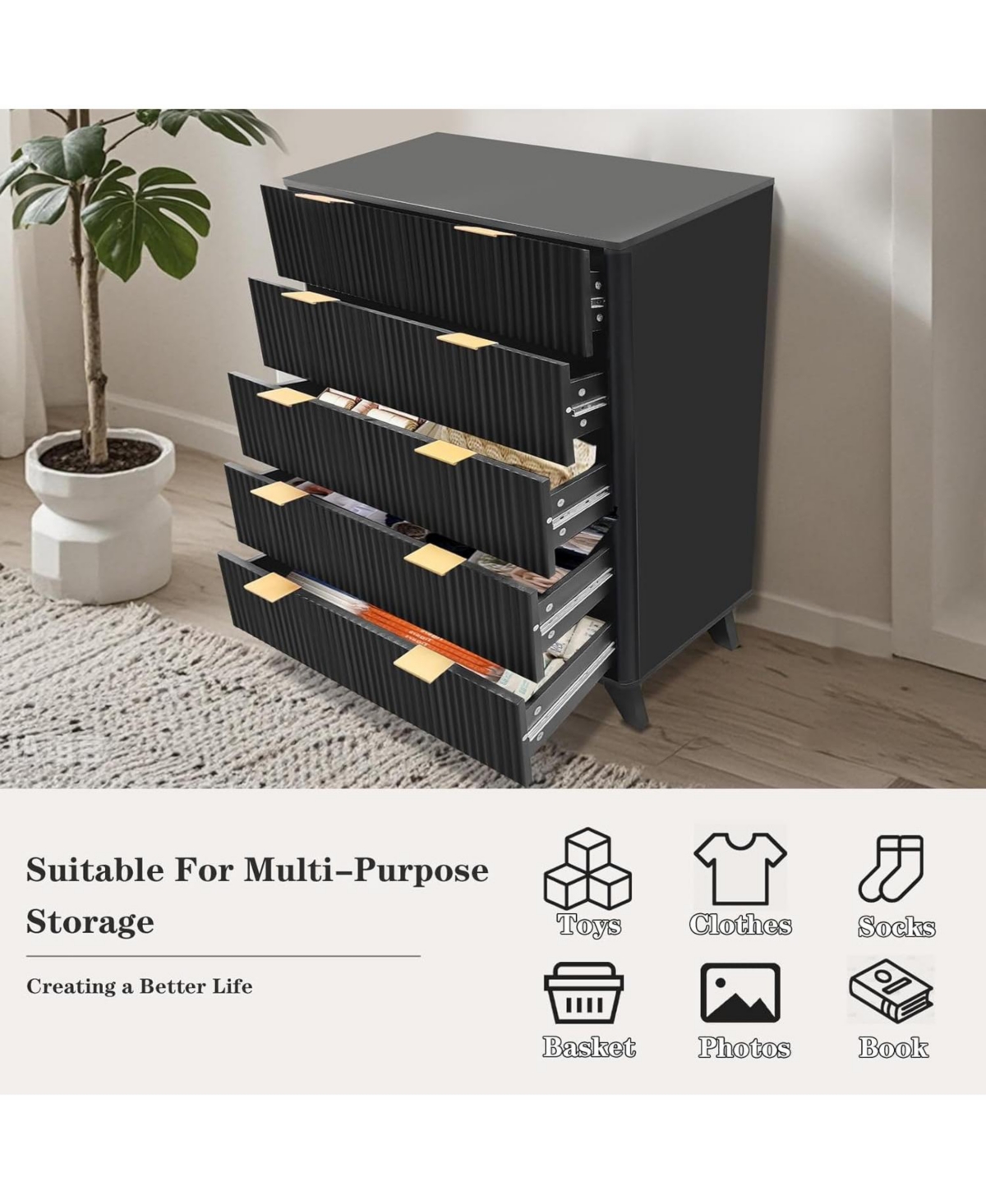 Click here for gaomon 5-Drawer Fluted Wood Dresser with Curved Pr... prices