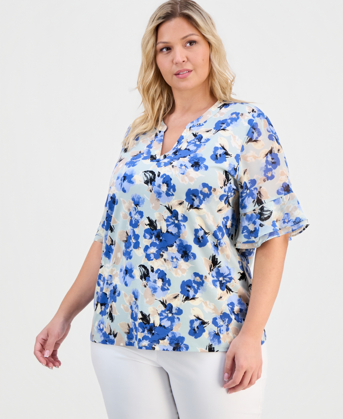Click here for Anne Klein Essentials Plus Size Split-Neck Printed... prices