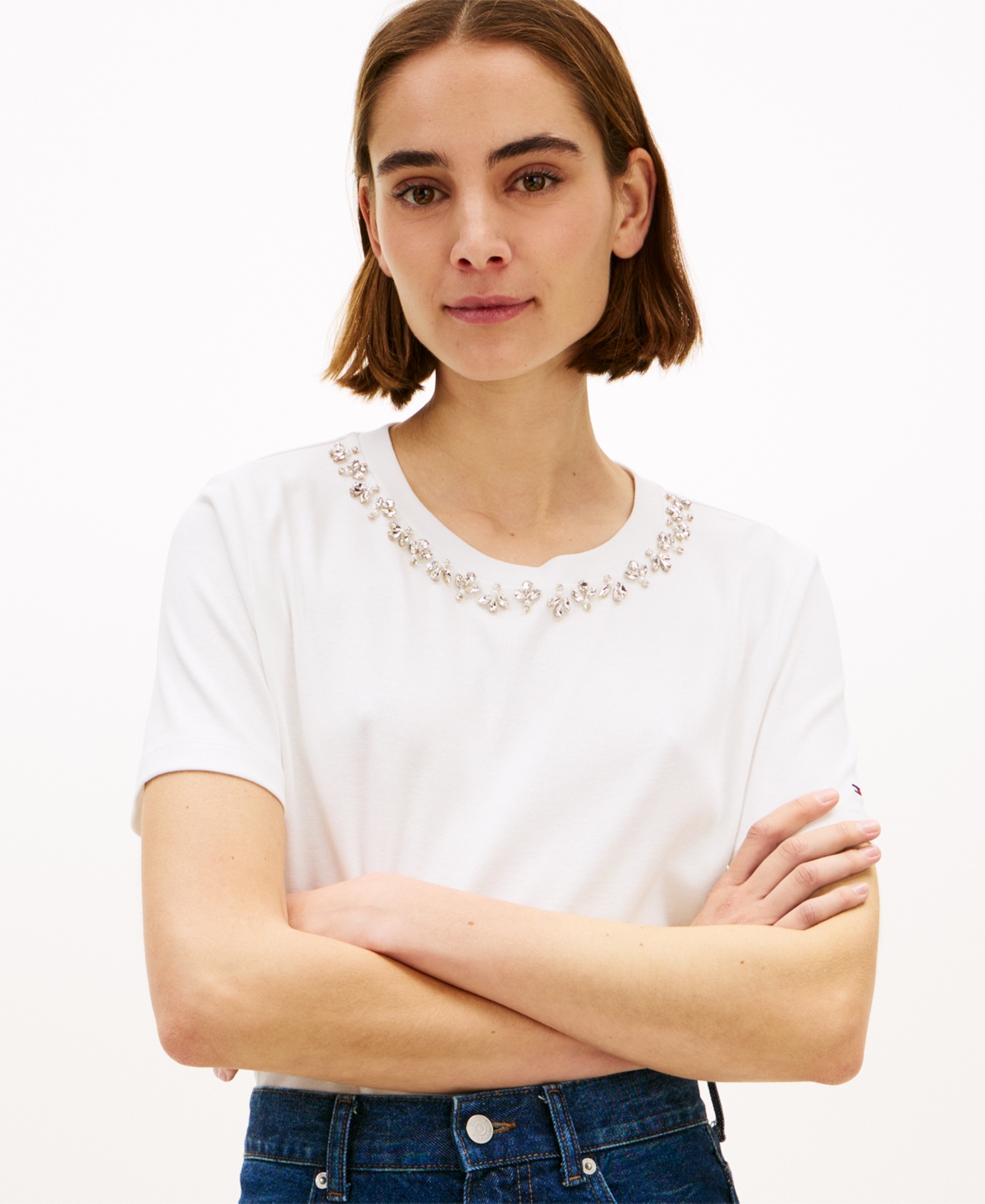 Click here for Tommy Hilfiger Womens Ribbed Bling T-Shirt - Ecru prices