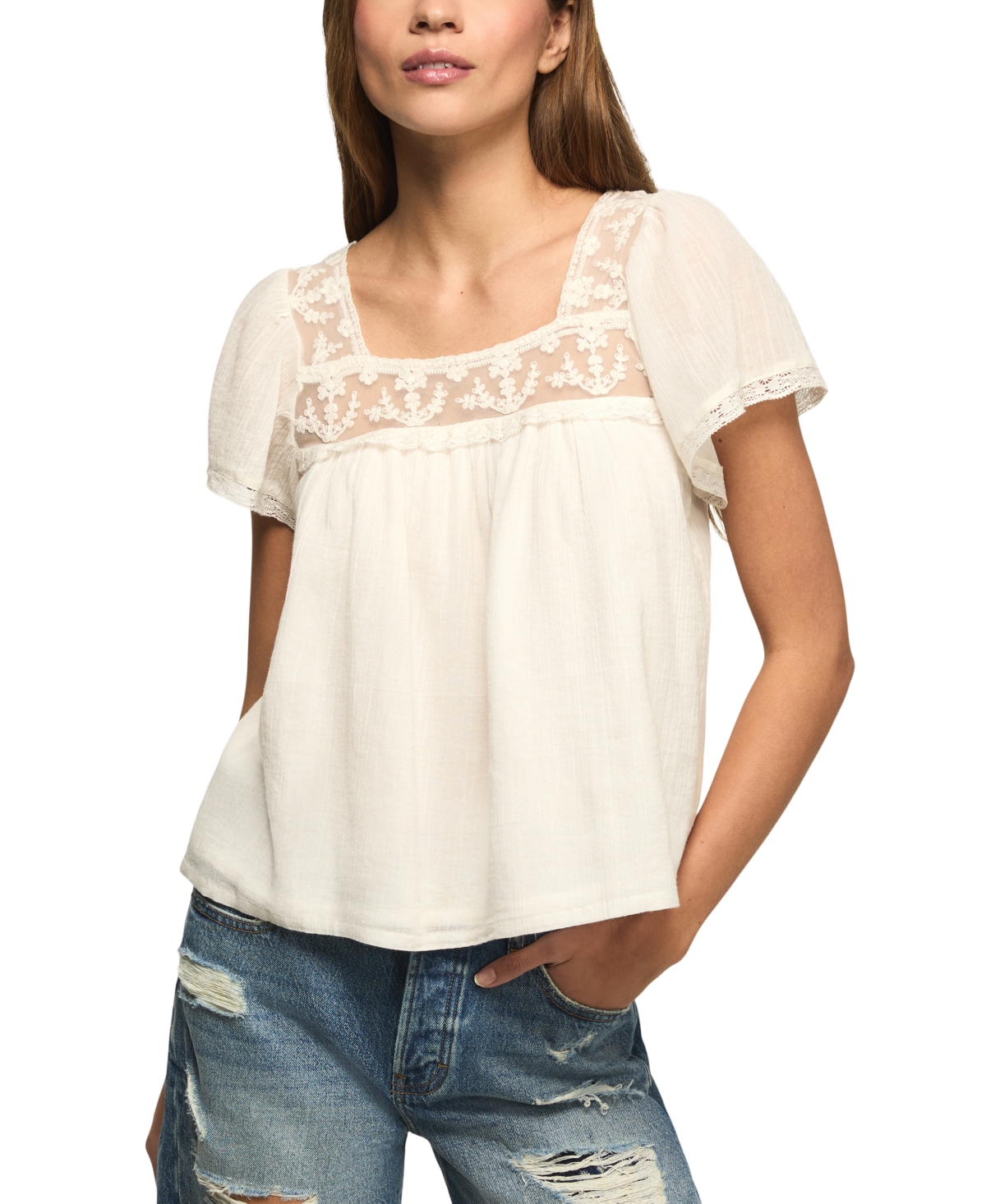 Click here for Lucky Brand Womens Mesh Lace Square Neck Top - Cre... prices
