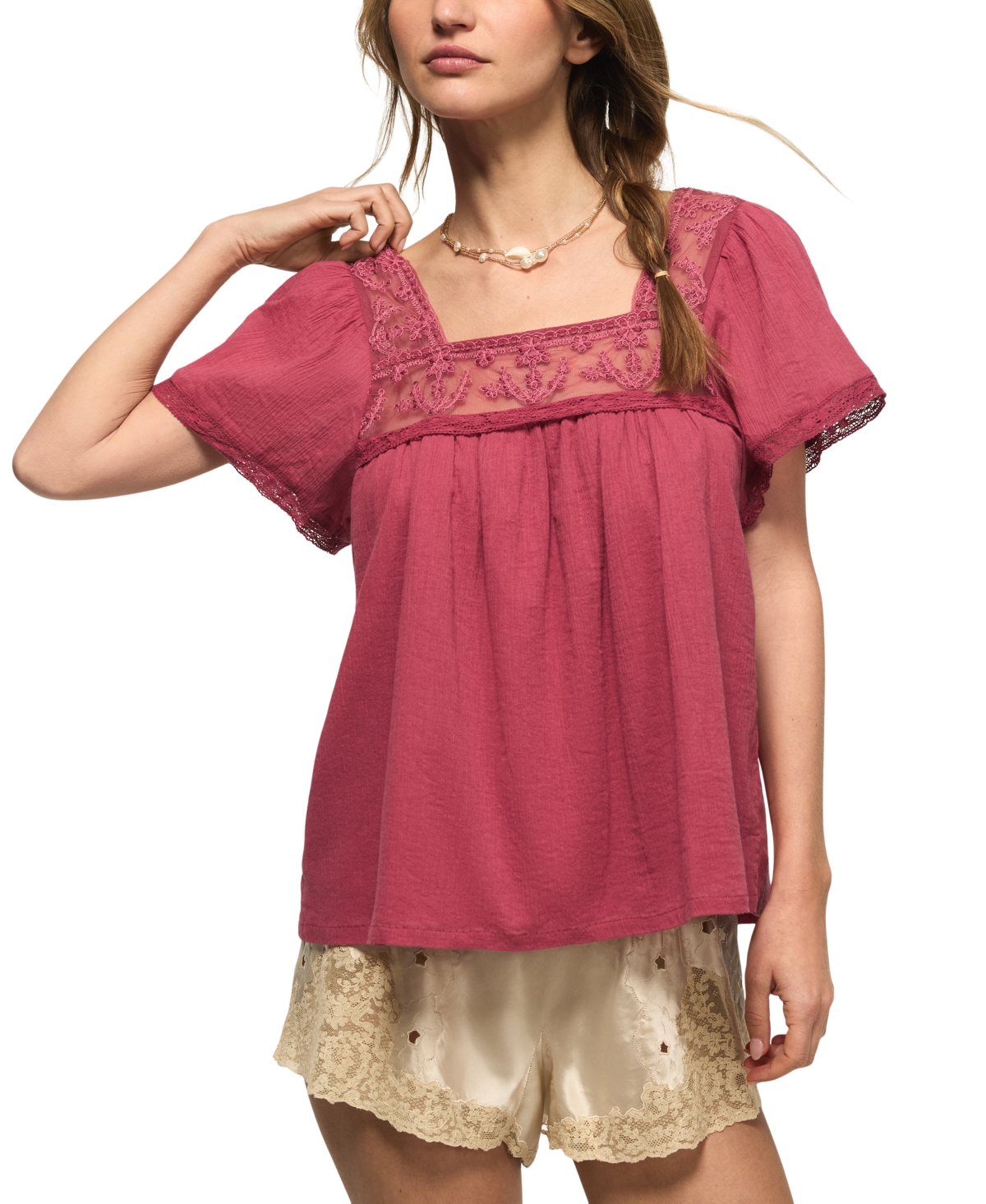 Click here for Lucky Brand Womens Mesh Lace Square Neck Top - Ros... prices