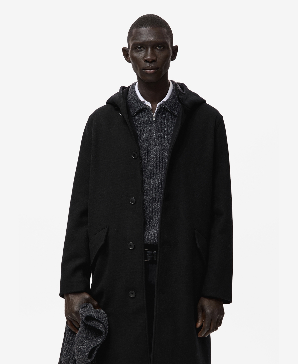 Click here for Mango Mens Wool Blend Hooded Coat - Black prices