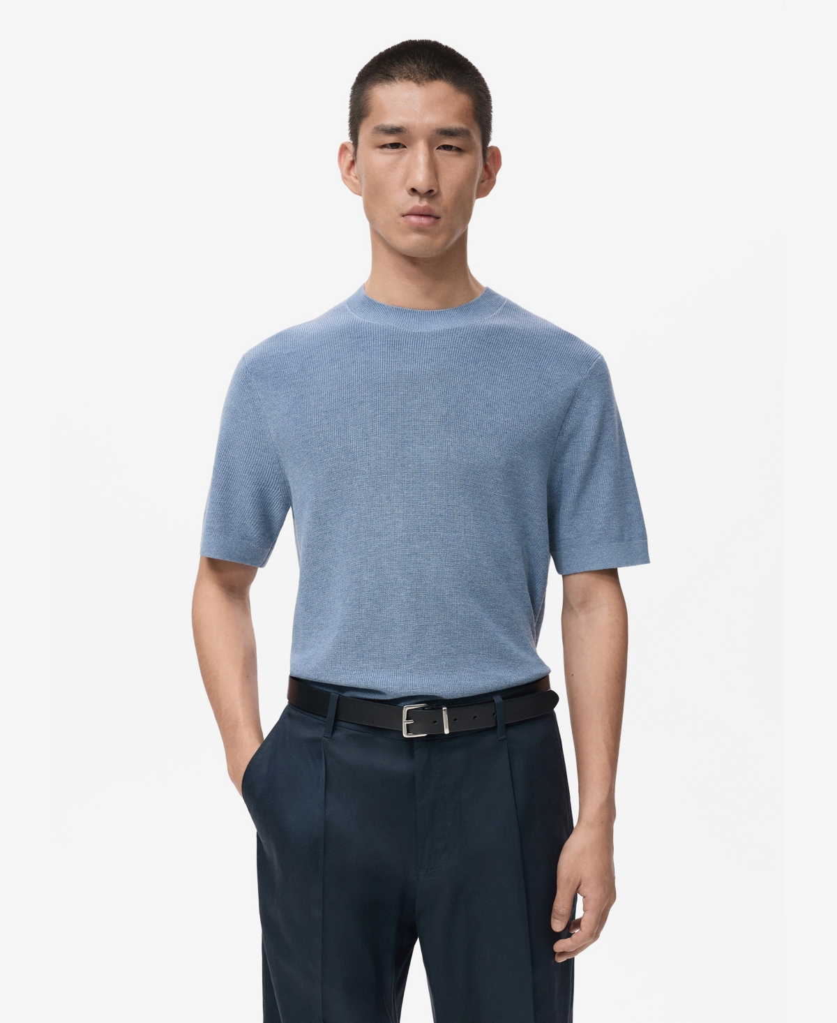 Click here for Mango Mens Knit Cotton T-Shirt - China Blue prices