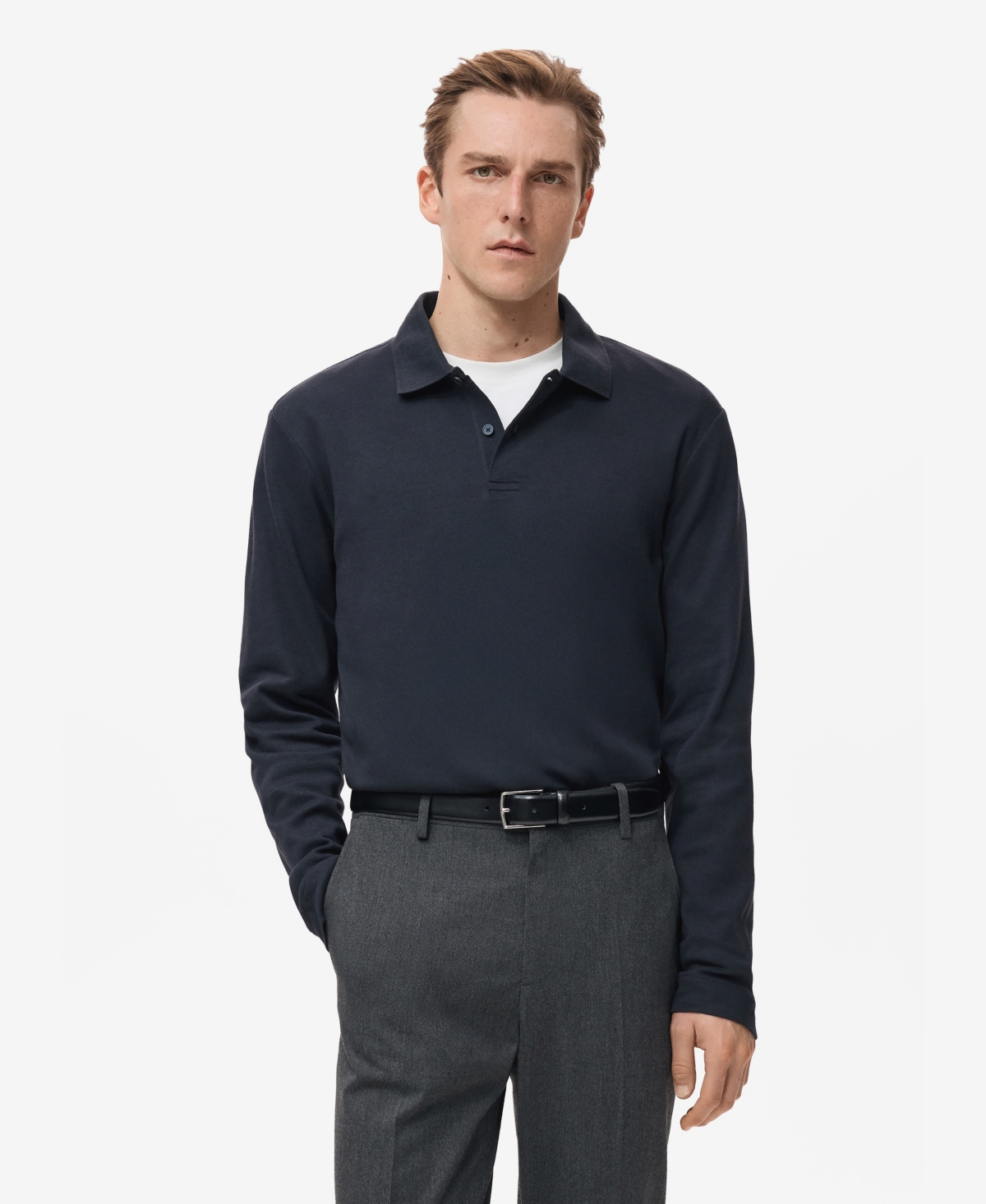 Click here for Mango Mens Regular-Fit Knitted Polo Sweater - Navy prices