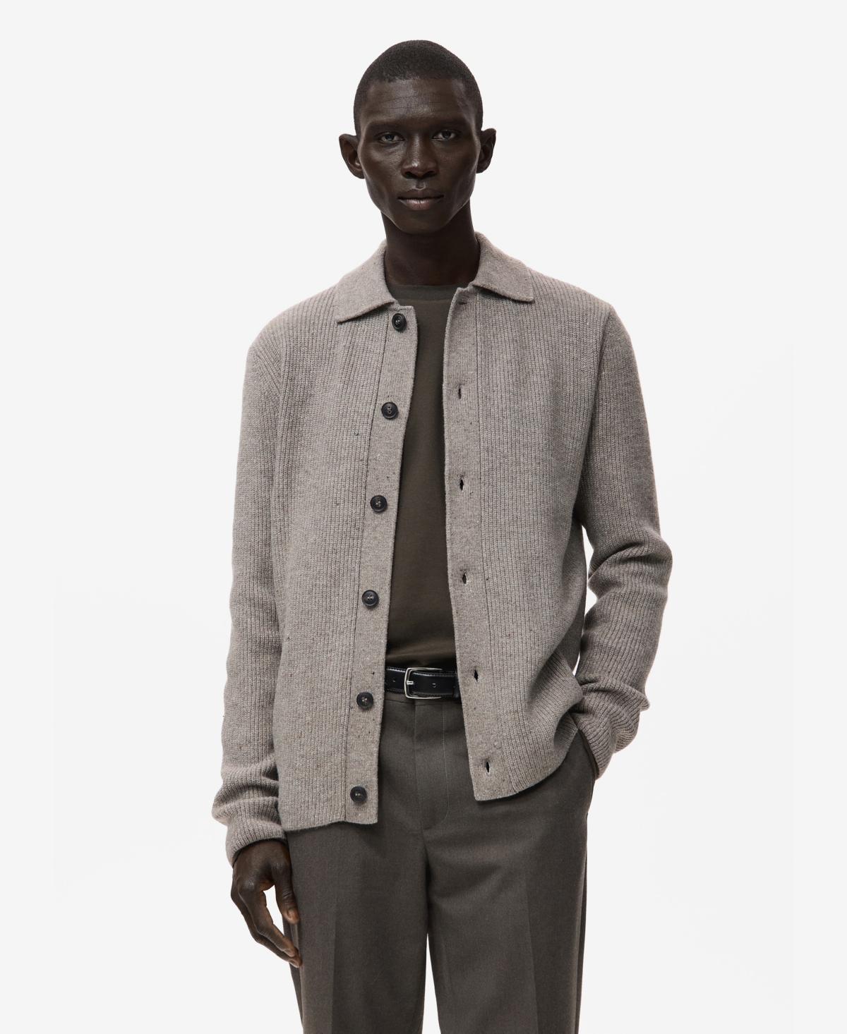 Click here for Mango Mens Ribbed Knit Cardigan - Medium Brown prices