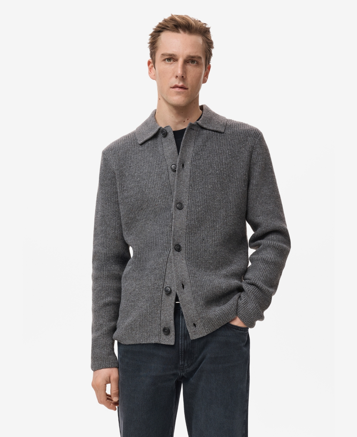 Click here for Mango Mens Ribbed Knit Cardigan - Medium Heather G... prices