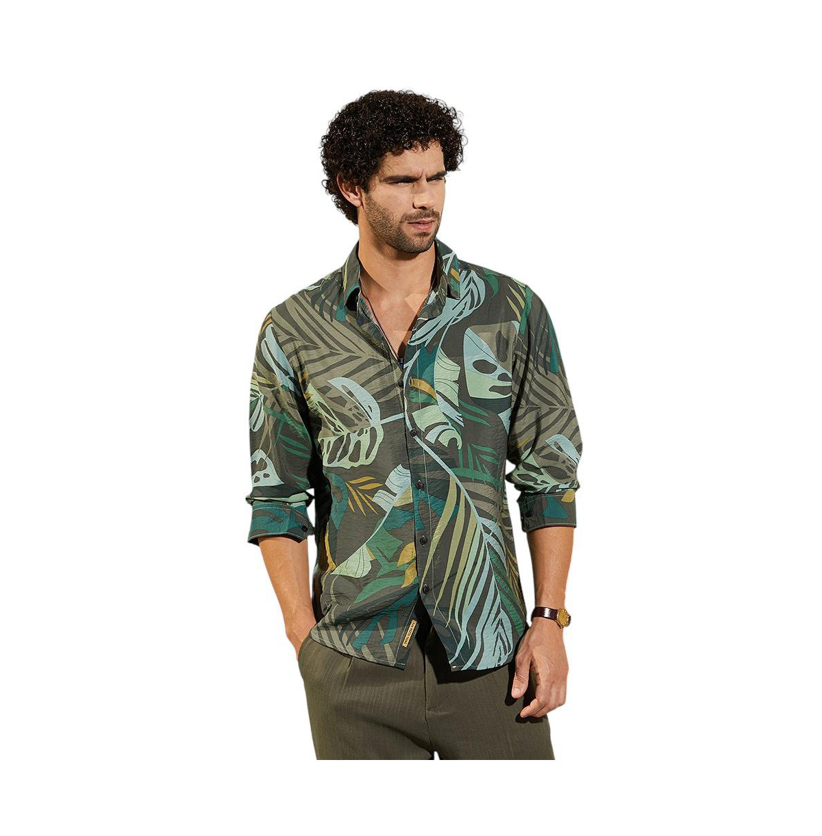 Click here for Campus Sutra Mens Jungle Green Palm Print Casual S... prices