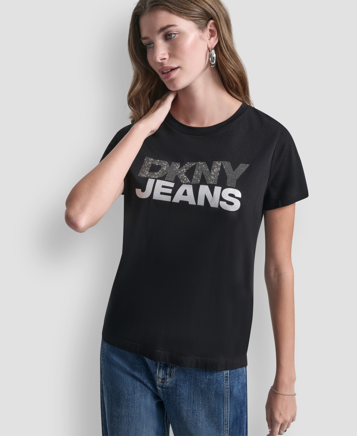 Click here for Dkny Jeans Womens Crewneck Stacked Rhinestone T-Sh... prices