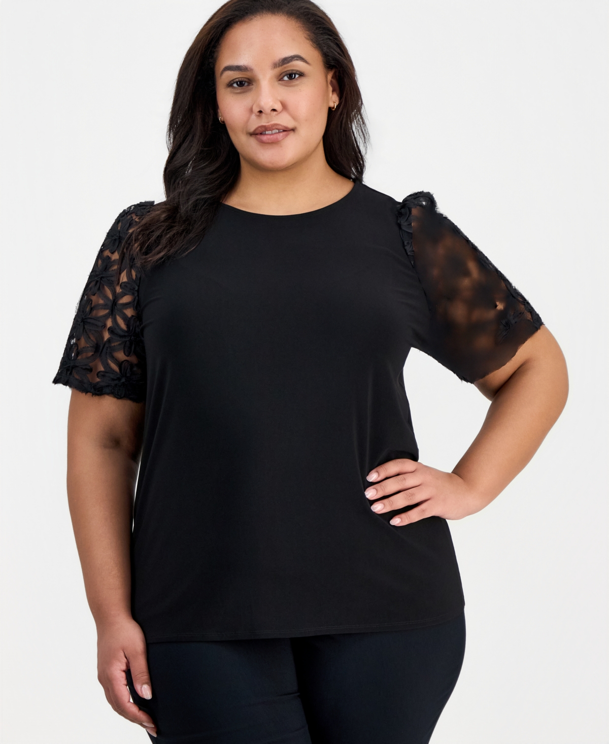 Click here for Anne Klein Plus Size Ribbon-Sleeve Top - Anne Blac... prices