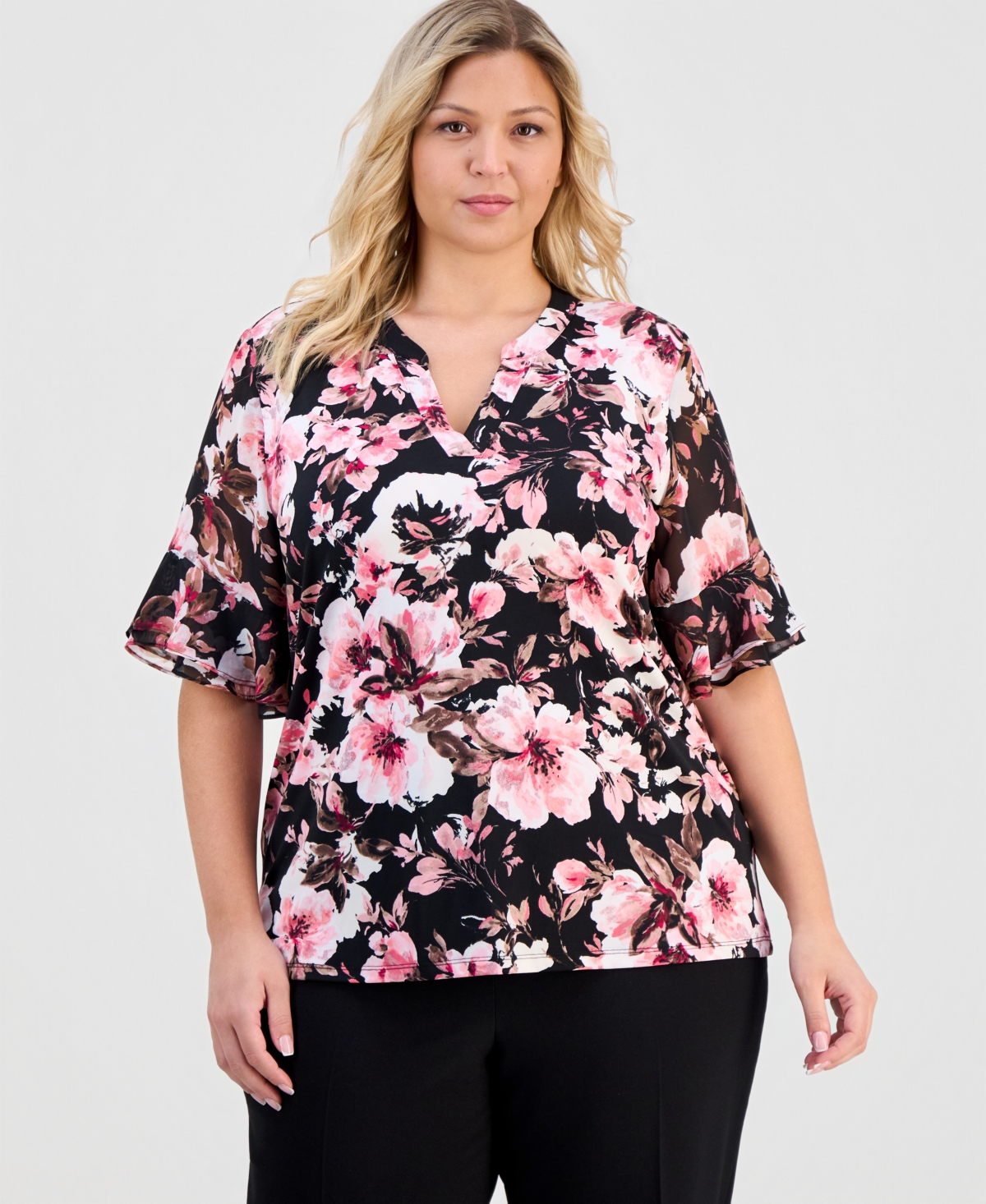 Click here for Anne Klein Essentials Plus Size Split-Neck Printed... prices