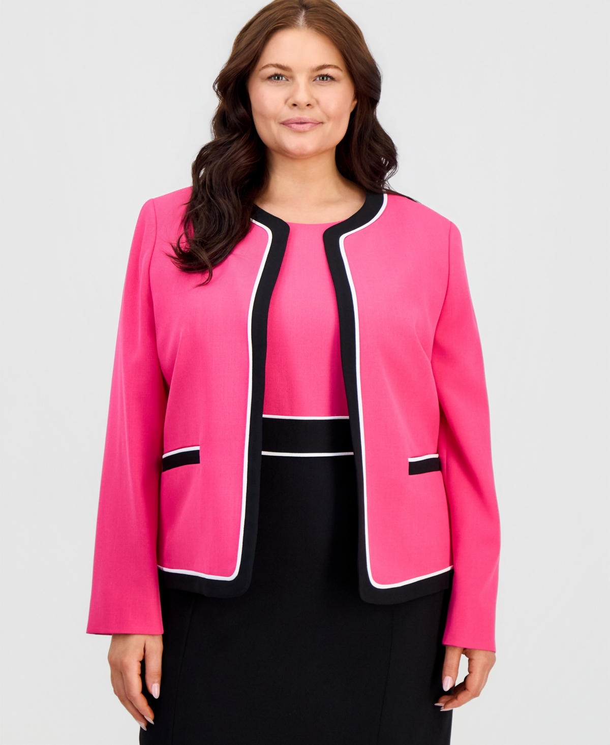 Click here for Kasper Plus Size Colorblocked Kiss-Front Cardigan... prices