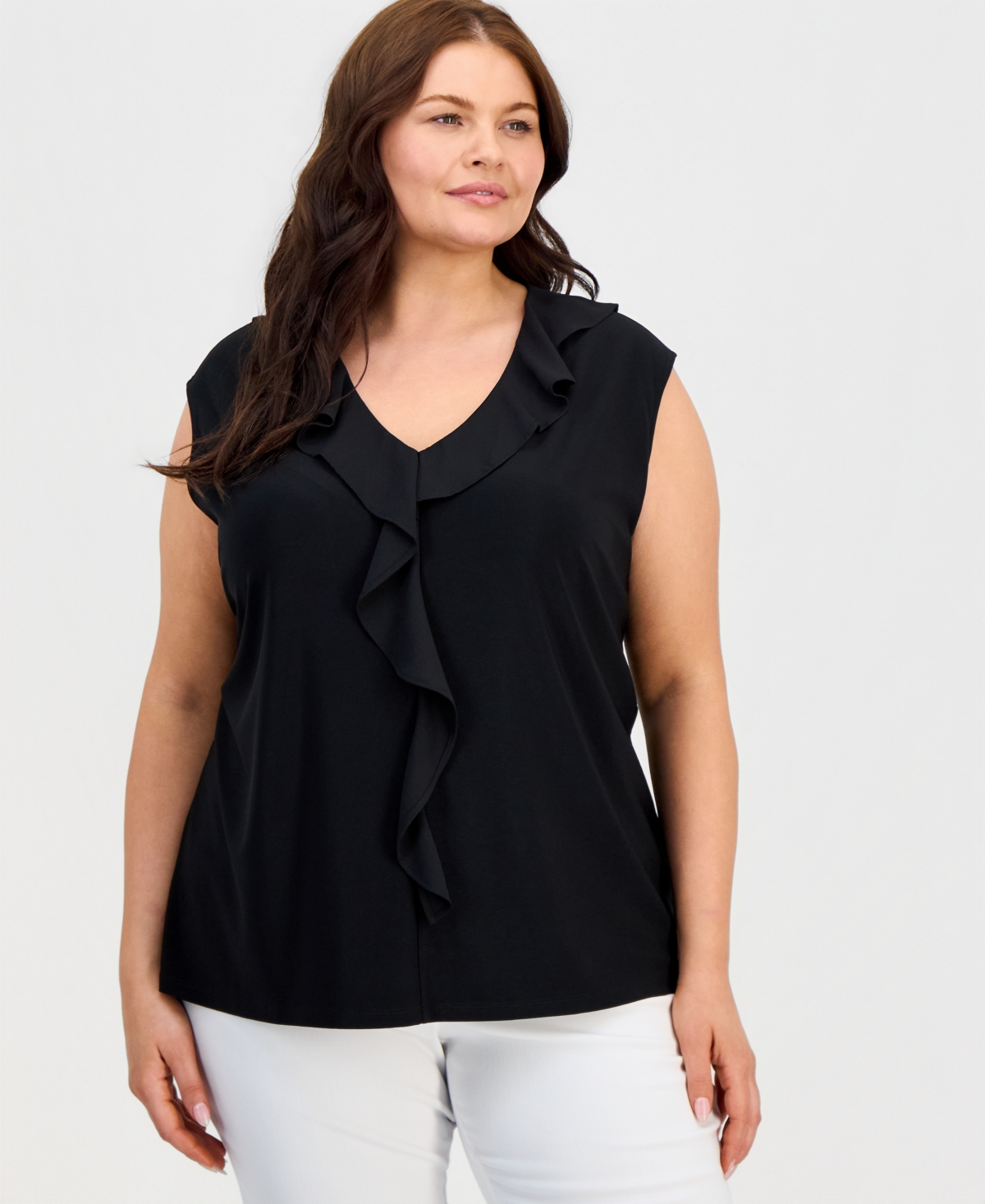 Click here for Kasper Plus Size Mixed-Media Ruffle Top - Black prices