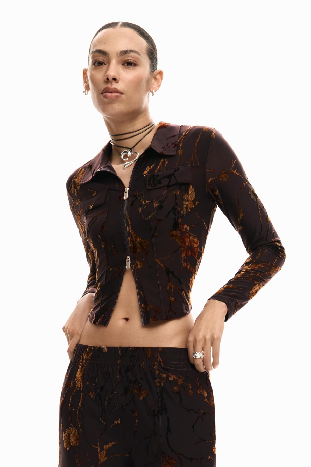 Click here for Desigual Womens Flocked Zipper T-shirt - Brown prices