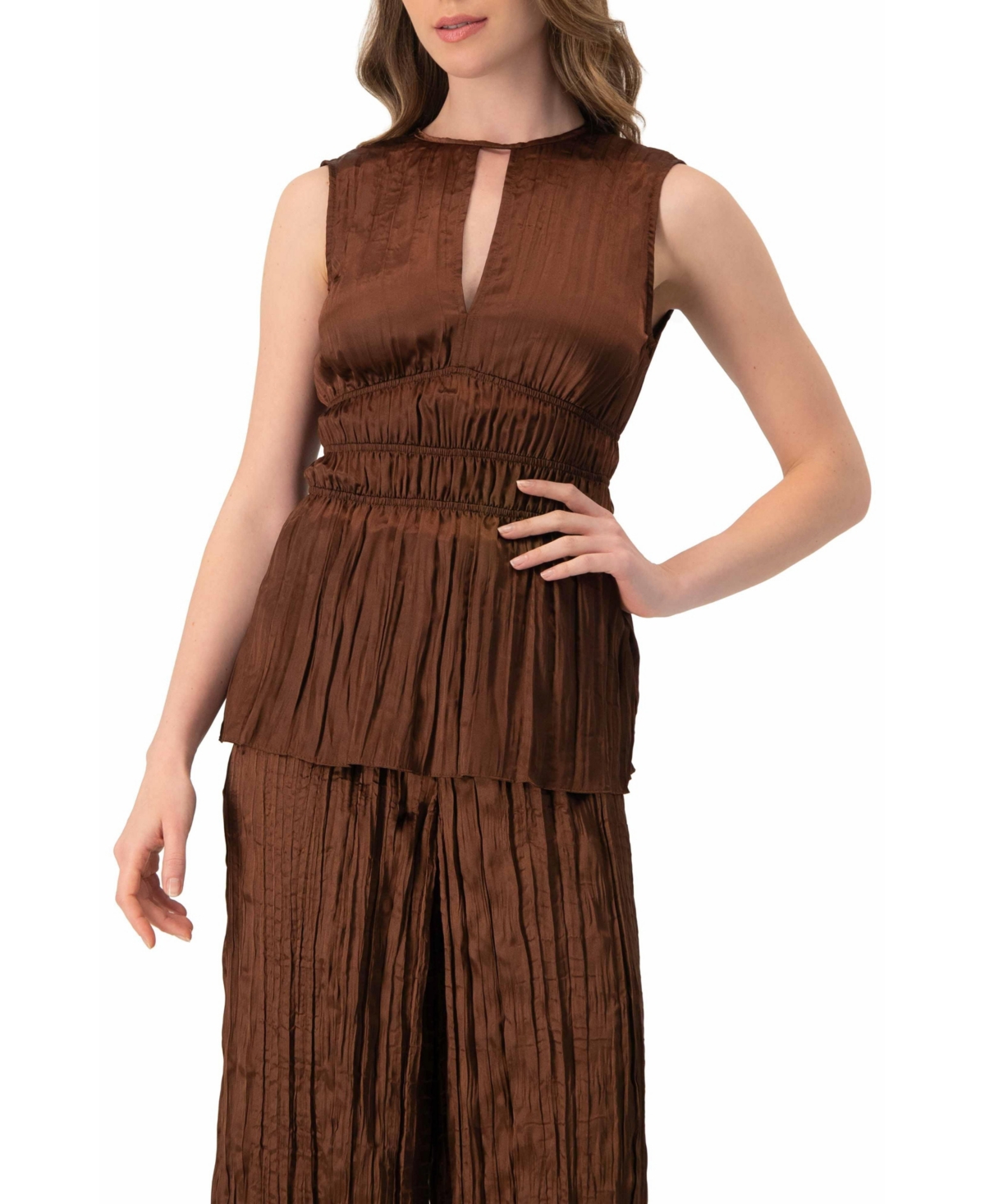 Click here for Ivonne Womens Satin Sleeveless Pleated Blouse - Br... prices