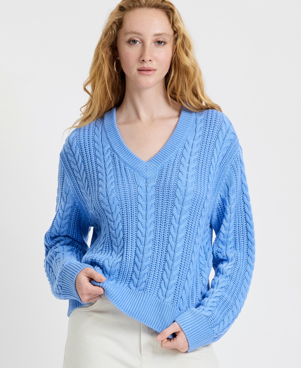 Click here for French Connection Womens Ryland Blue Cable Knit V-... prices