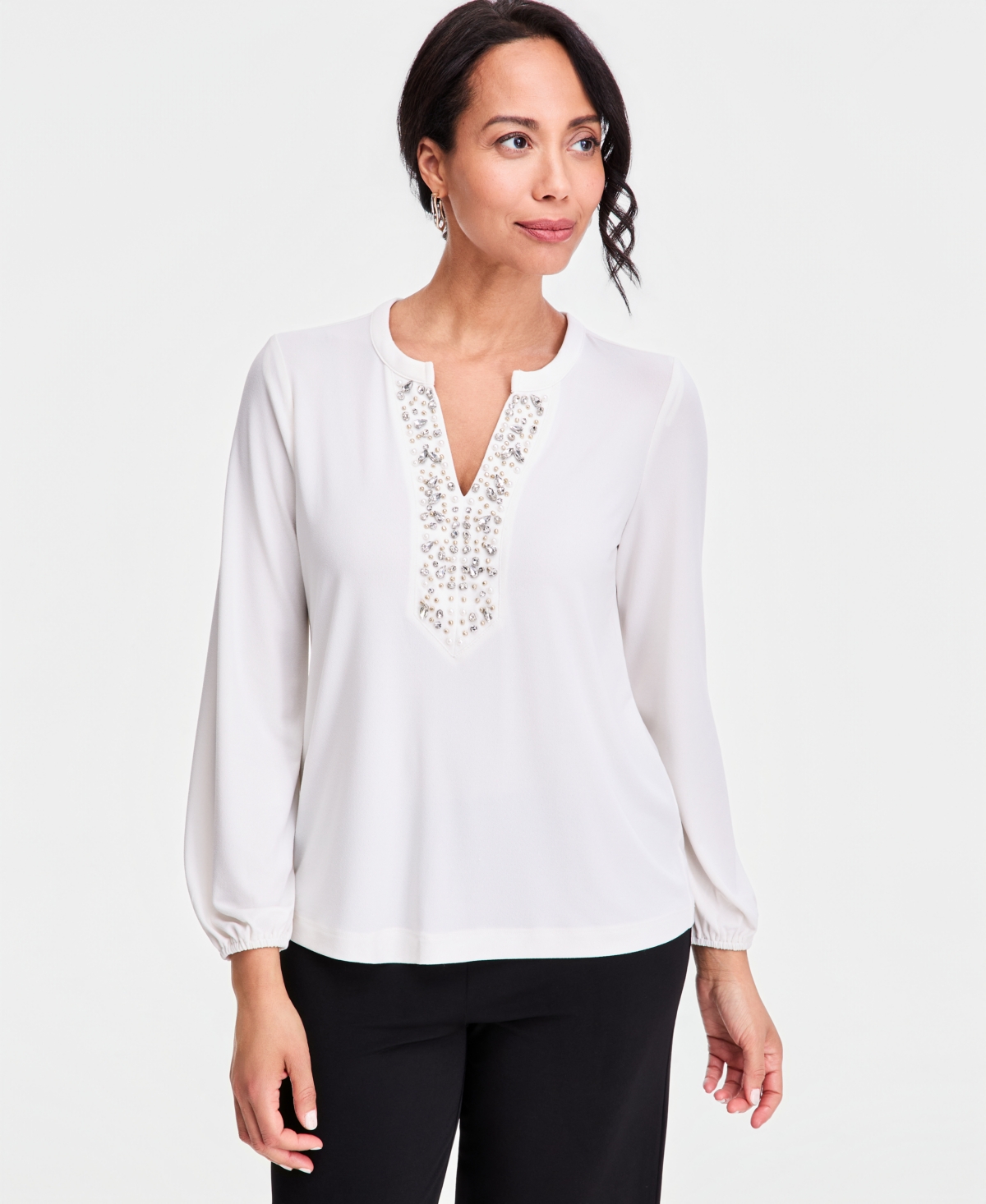 Click here for Jm Collection Womens Long-Sleeve Crepe Embellished... prices