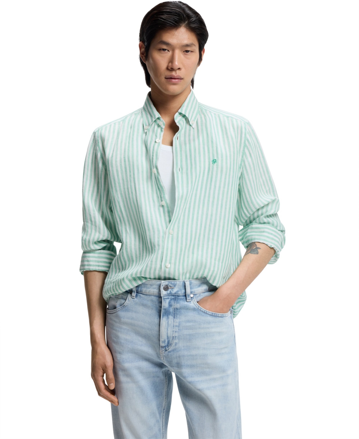 Click here for Boss by Hugo Boss Mens Regular-Fit Striped Linen D... prices