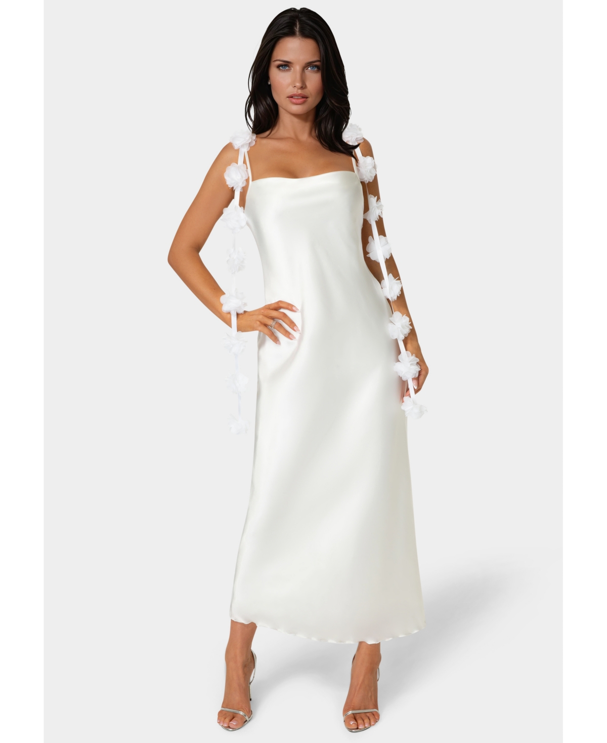 Click here for Bebe Womens Cascading Floral Satin Maxi Dress - Iv... prices