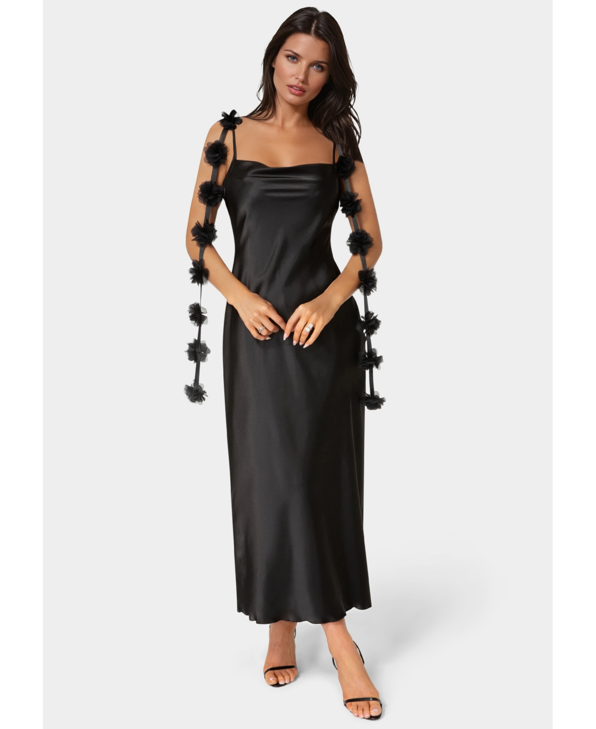 Click here for Bebe Womens Cascading Floral Satin Maxi Dress - Bl... prices