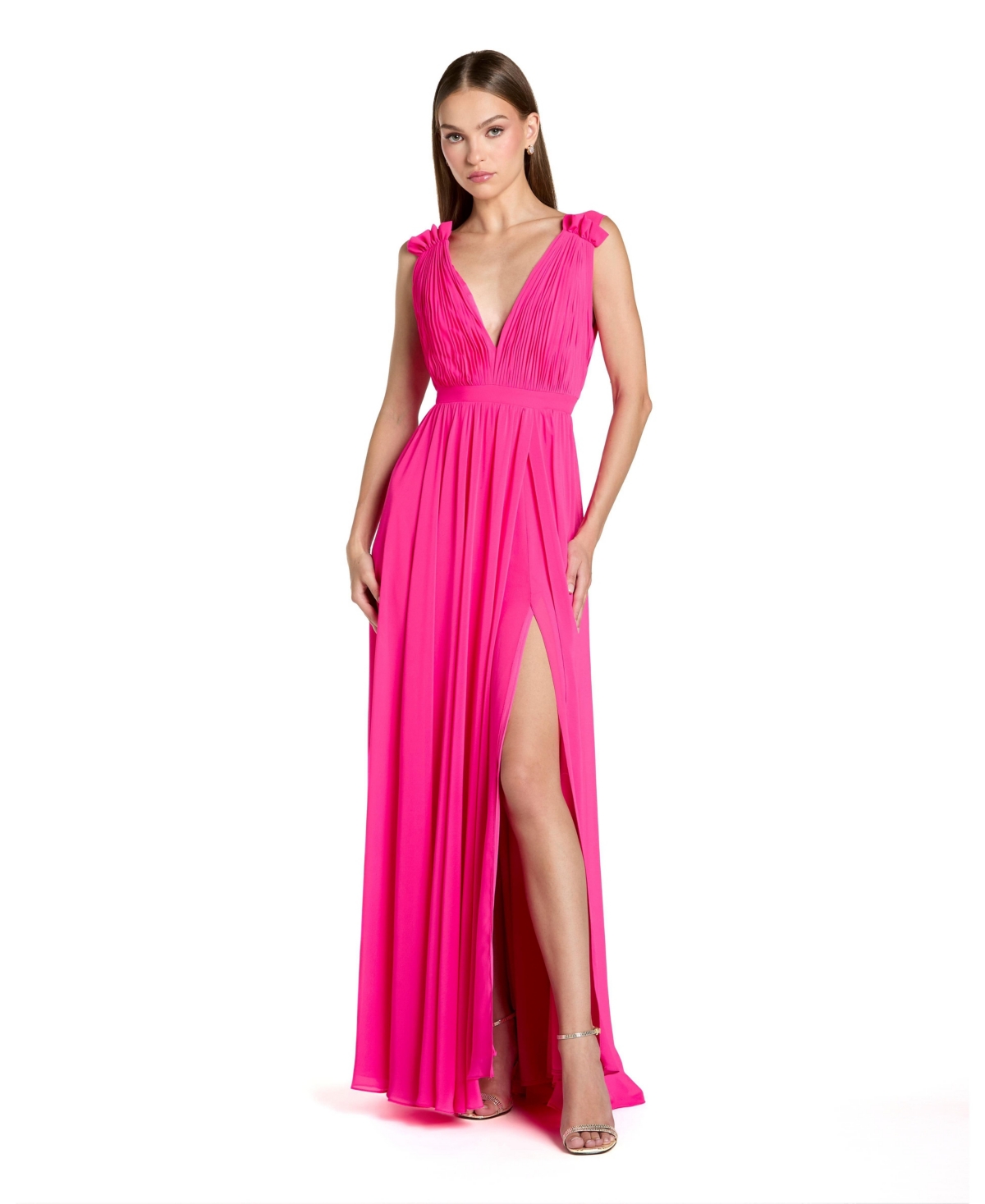 Click here for Mac Duggal Womens Sleeveless Pleated Chiffon V-Nec... prices