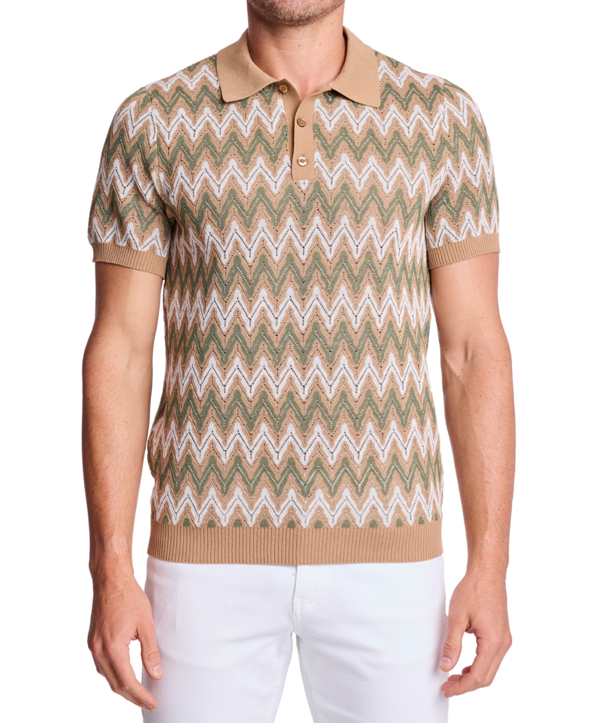 Click here for Paisley & Gray Mens Zig Zag Print Polo Shirt - Tan... prices